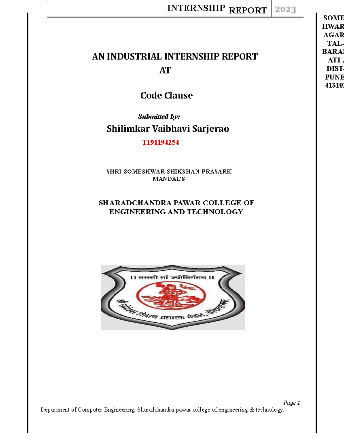 Vaibhavi shilimkarreport - INTERNSHIP REPORT AN INDUSTRIAL INTERNSHIP REPORT AT Code Clause ...