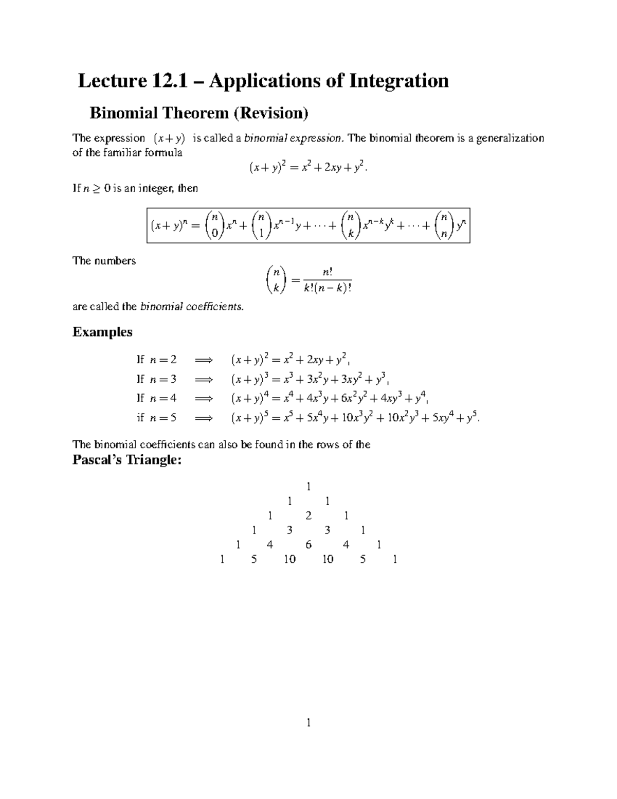 Lecture 12 1 Handout - Lecture 12 – Applications of Integration Binomial Theorem (Revision) The ...