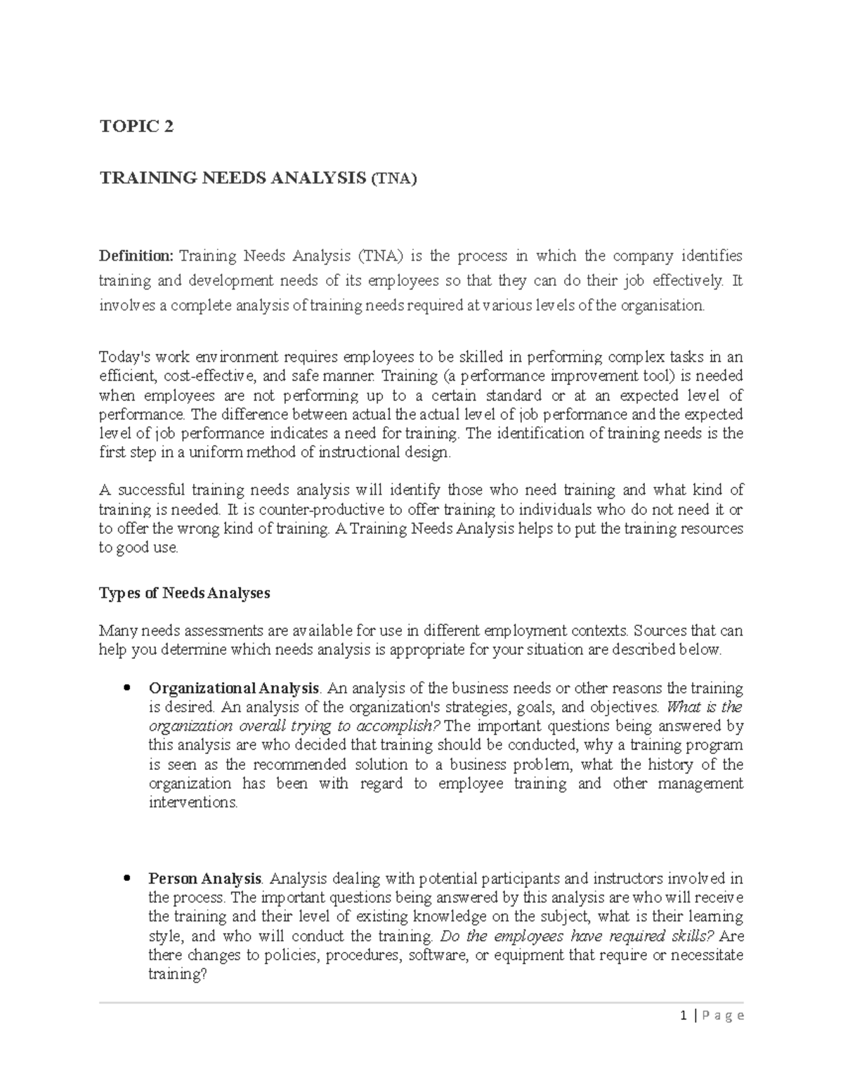 Training NEED Analysis TNA - TOPIC 2 TRAINING NEEDS ANALYSIS (TNA ...