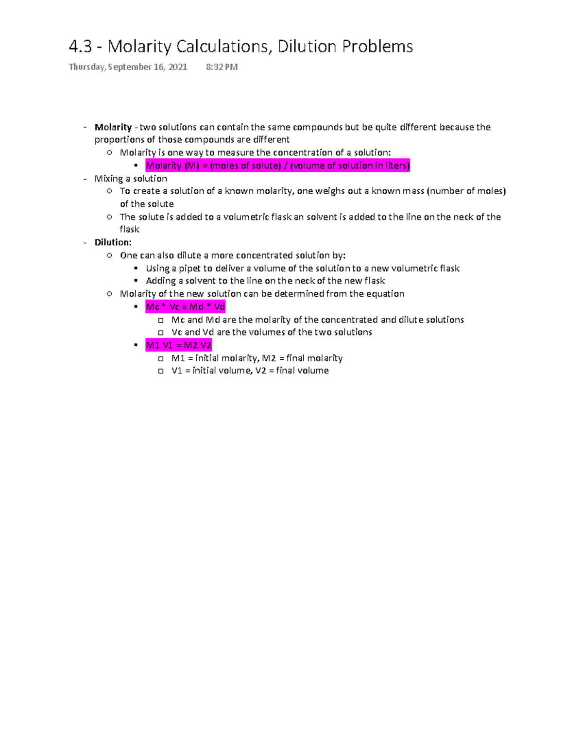 4.3 - Molarity Calculations, Dilution Problems - Molarity- two ...