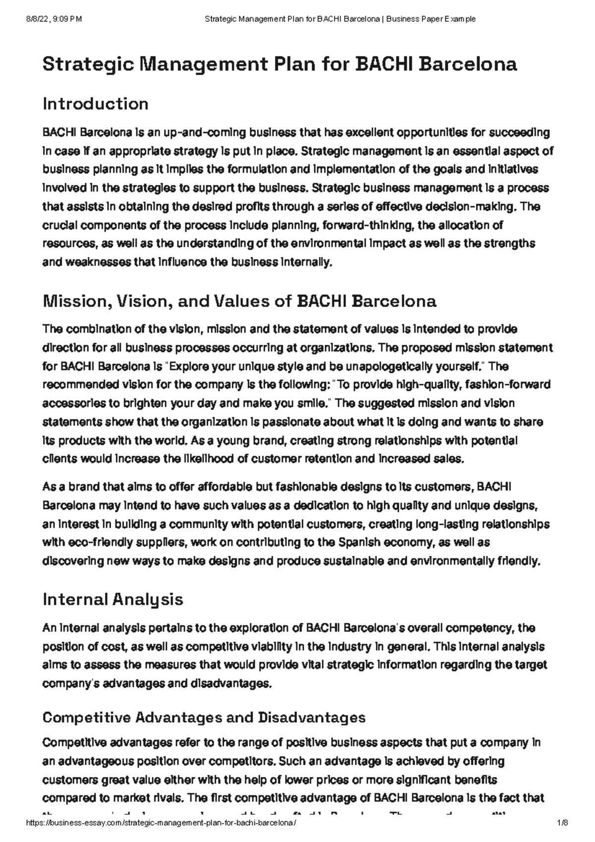 Strategic Management Plan for Bachi Barcelona Business Paper Example ...