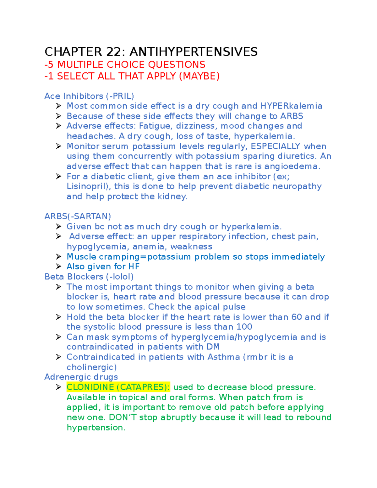Chapter 22 - Summary - CHAPTER 22: ANTIHYPERTENSIVES -5 MULTIPLE CHOICE ...
