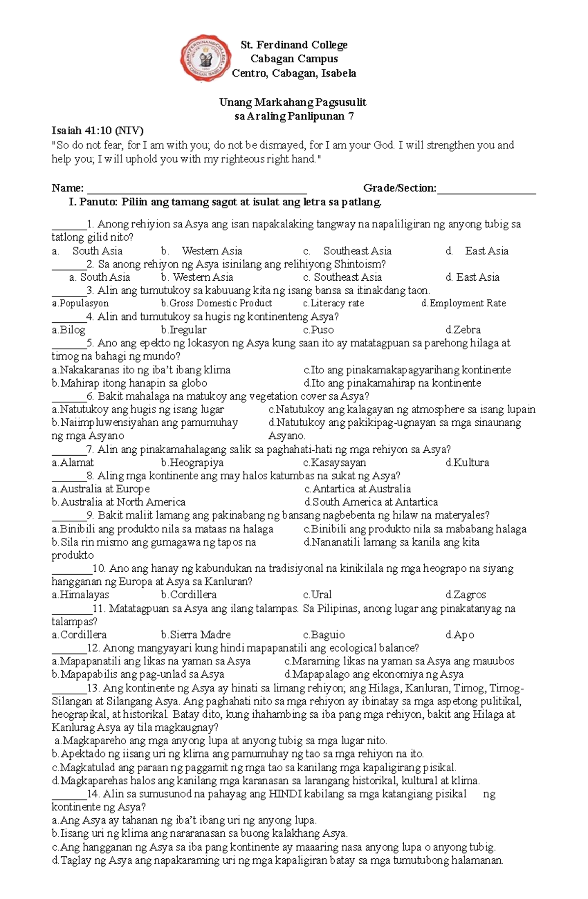 Sample TEST Question Araling Panlipunan 7 WITH TOS - St. Ferdinand ...