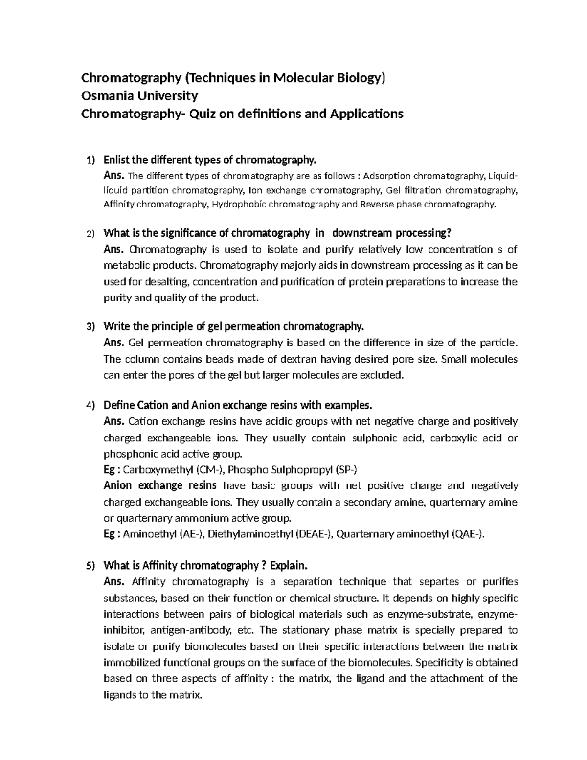 Chromatography quiz - Chromatography (Techniques in Molecular Biology ...