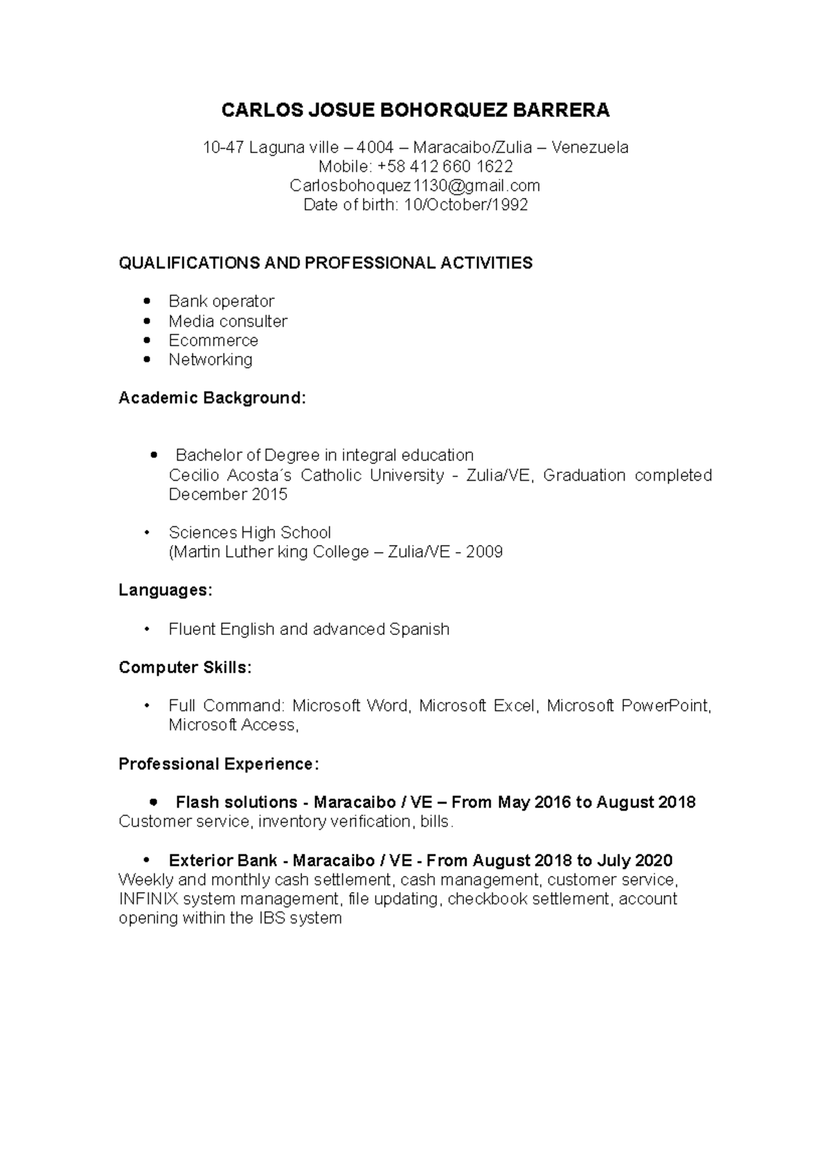 CV Carlos Bohorquez english - CARLOS JOSUE BOHORQUEZ BARRERA 10-47 ...
