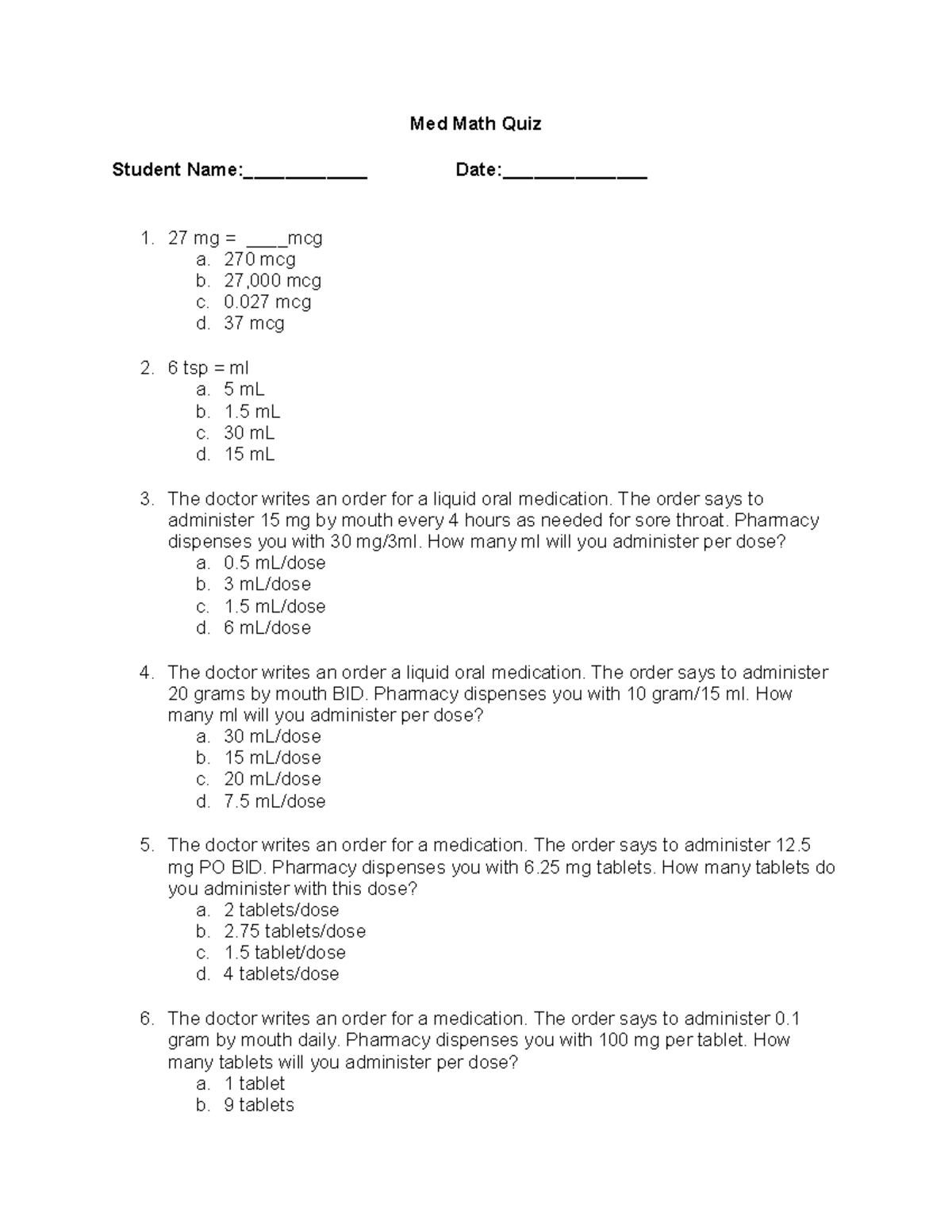 Med Math Quiz - Practice Material - Med Math Quiz Student Name ...