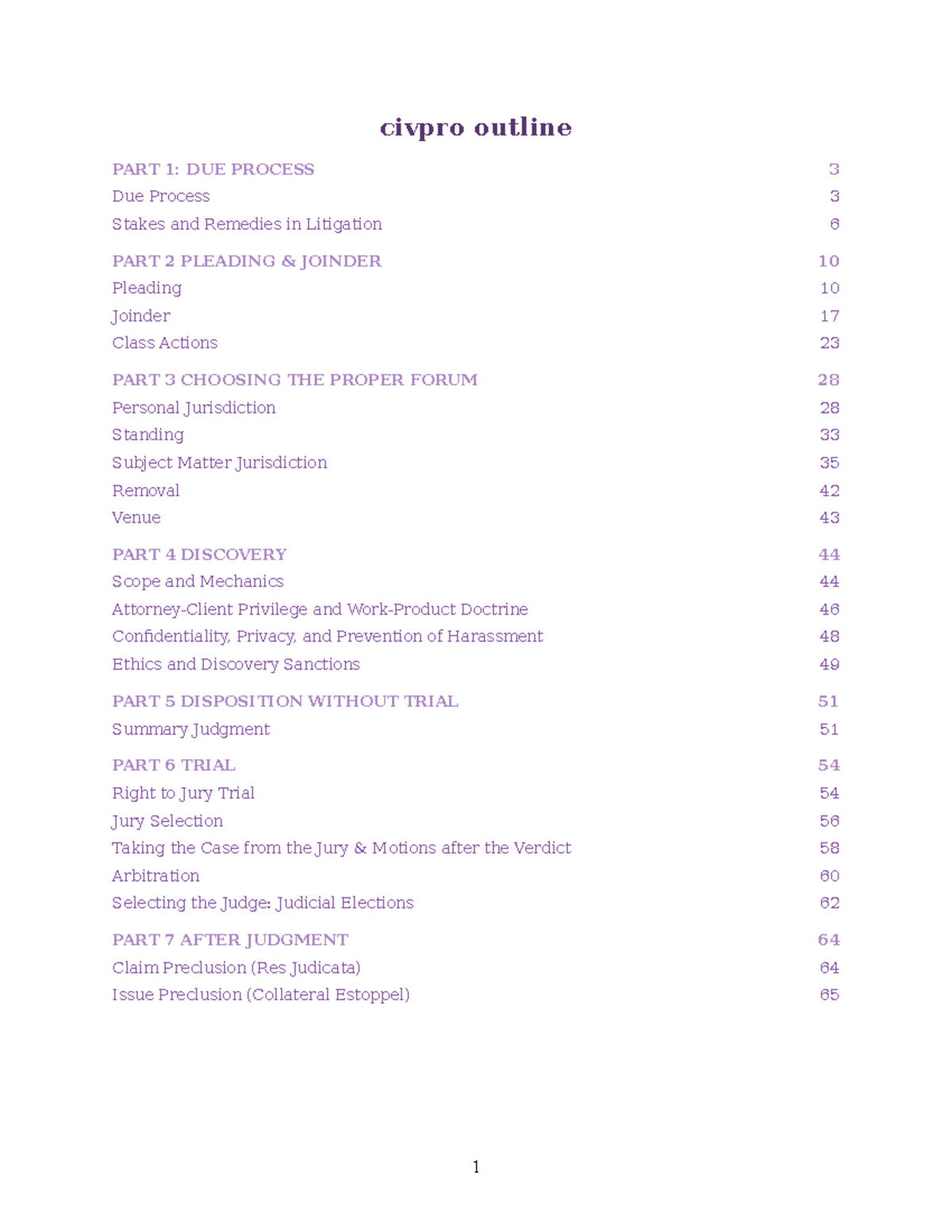 Civ pro outline - civpro outline PART 1: DUE PROCESS Due Process Stakes ...