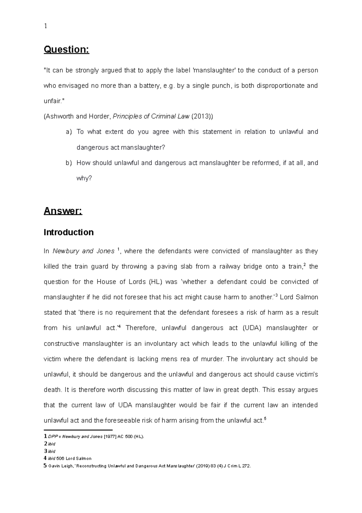 Criminal law essay on manslaughter, Grade 2:1 - Question: "It can be ...