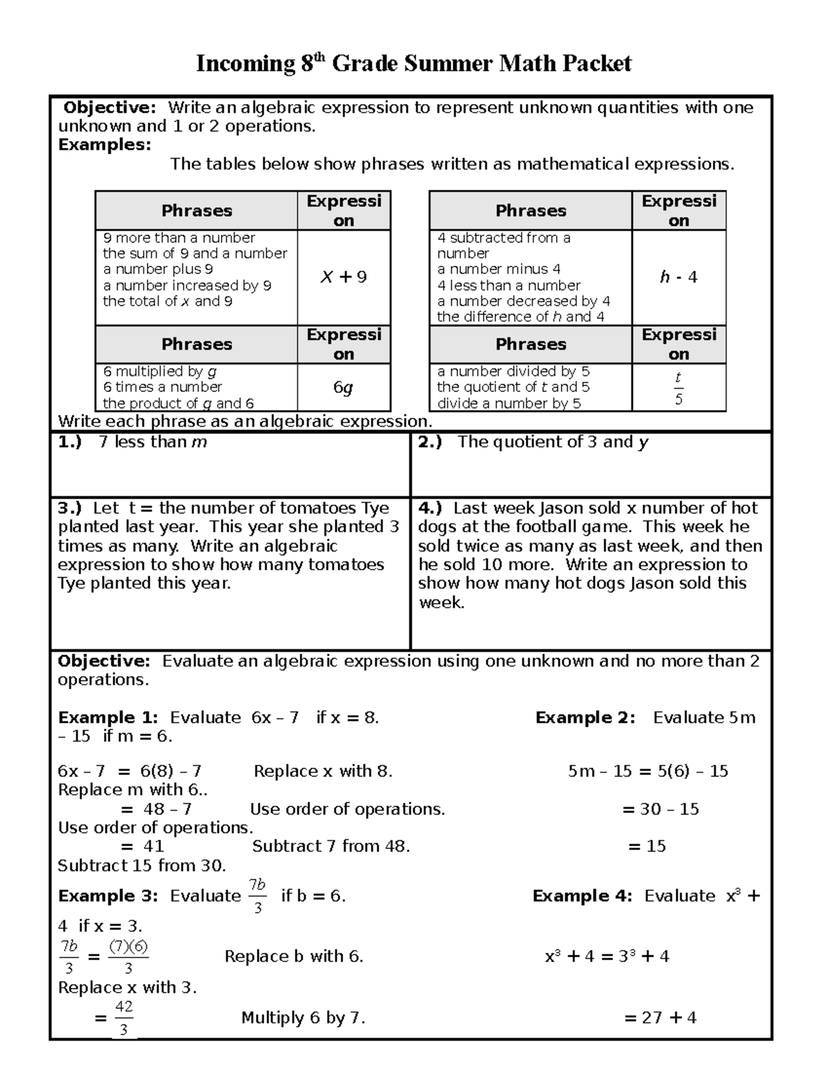 2021 Incoming 8th Grade Math summer Packet Incoming 8 Grade Summer 