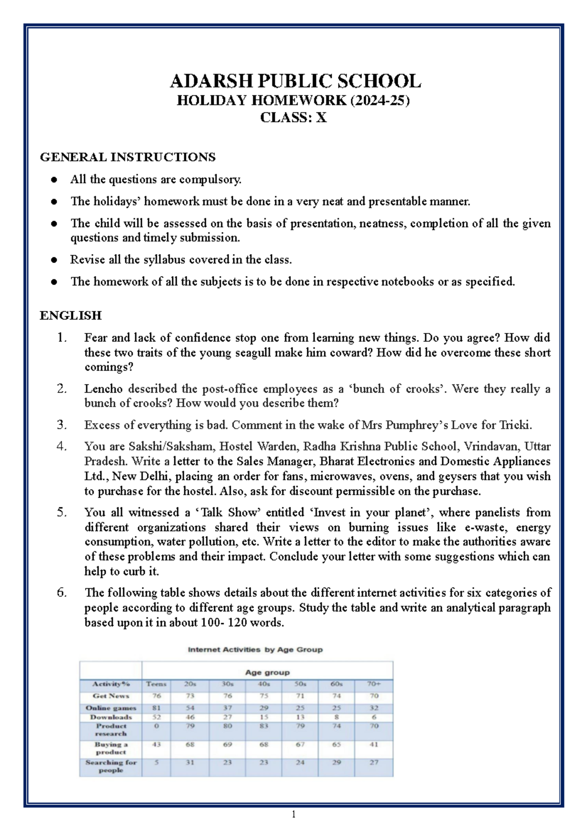 Class X - ADARSH PUBLIC SCHOOL HOLIDAY HOMEWORK (2024-25) CLASS: X GENERAL INSTRUCTIONS All the ...