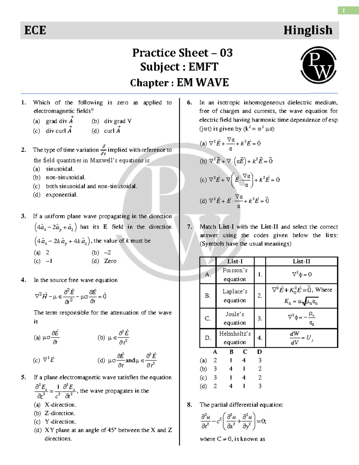 Chapter 3 Electromagnetic WAVE - ECE Hinglish Practice Sheet – 03 Subject : EMFT Chapter : EM ...