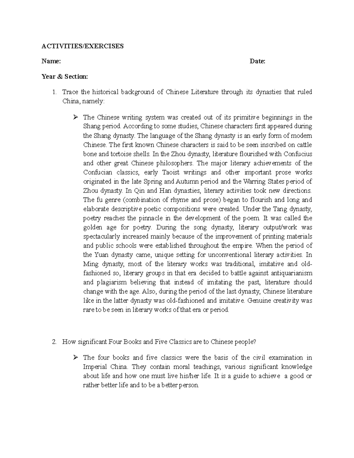 Activity module 4-chinese literature - ACTIVITIES/EXERCISES Name: Date ...