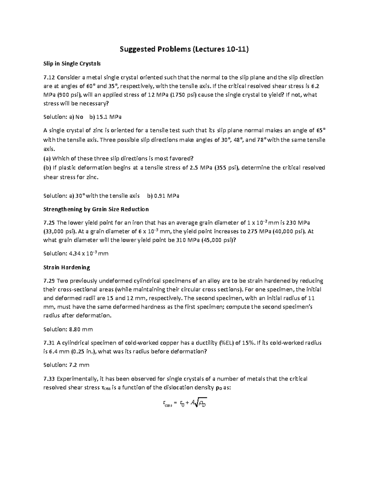 Suggested Problems (L10-11 Deformation) - Suggested Problems (Lectures 10-11) Slip in Single ...