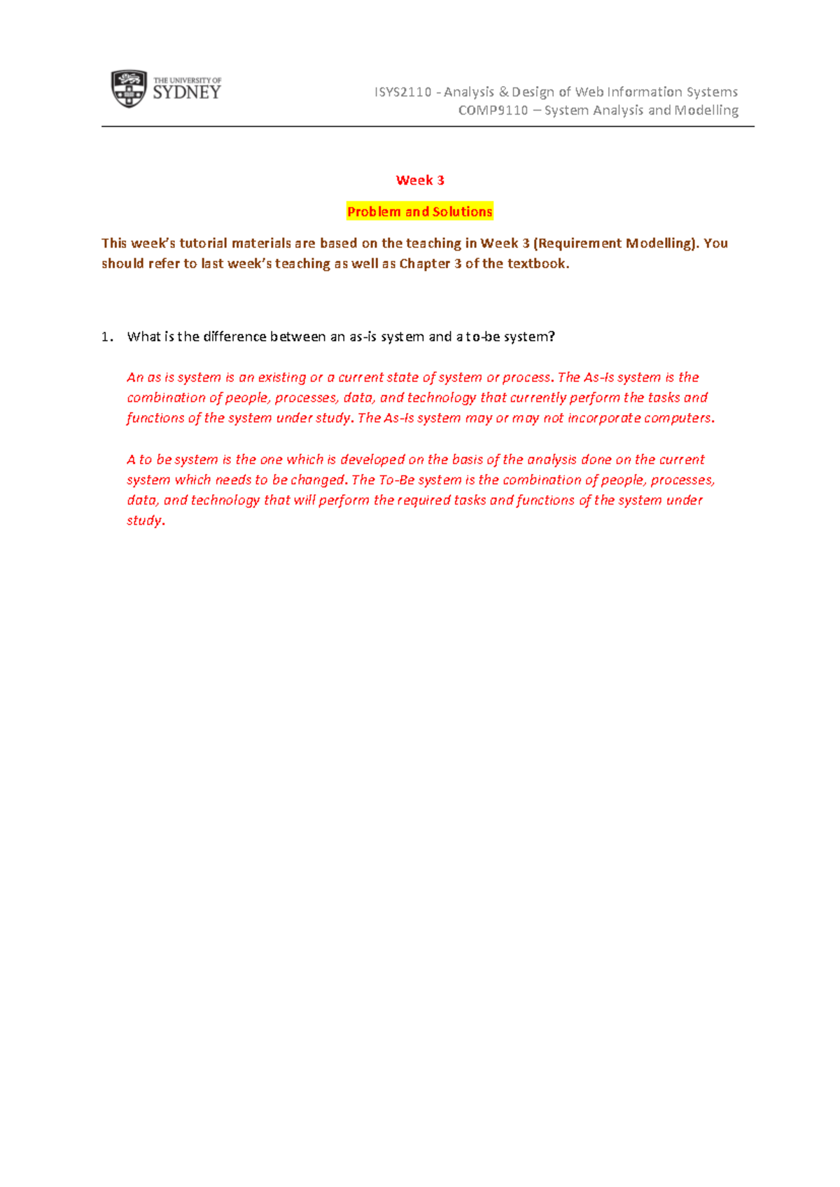 Week03- Tute answers - tut - COMP9110 – System Analysis and Modelling ...