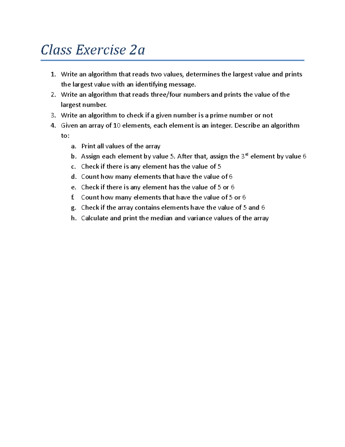 Exercise 02 - Lecture notes 1 - Class Exercise 2a Write an algorithm ...