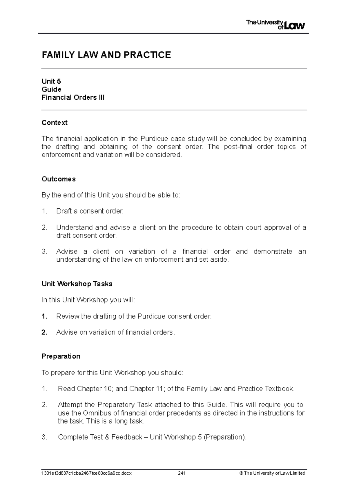 Family workshop 5 - FAMILY LAW AND PRACTICE Unit 5 Guide Financial ...