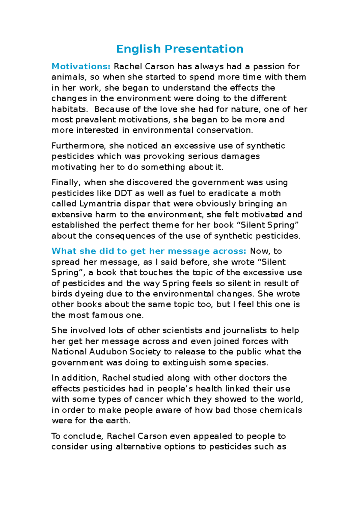 English Presentation Rachel Carson - English Presentation Motivations ...