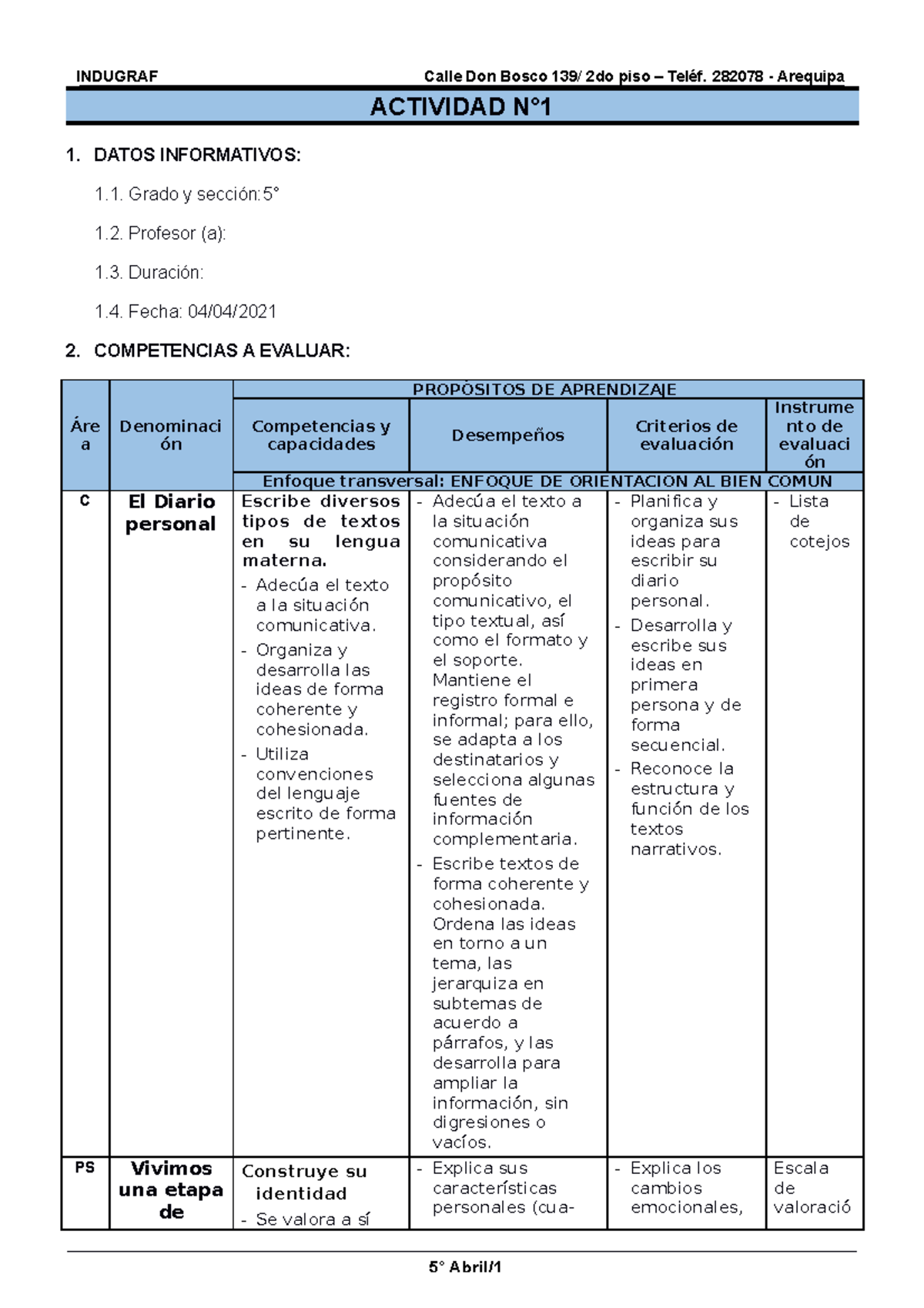 5° Grado - Actividad DEL DIA 04 DE Abril - ACTIVIDAD N° 1. DATOS INFORMATIVOS: 1. Grado y ...