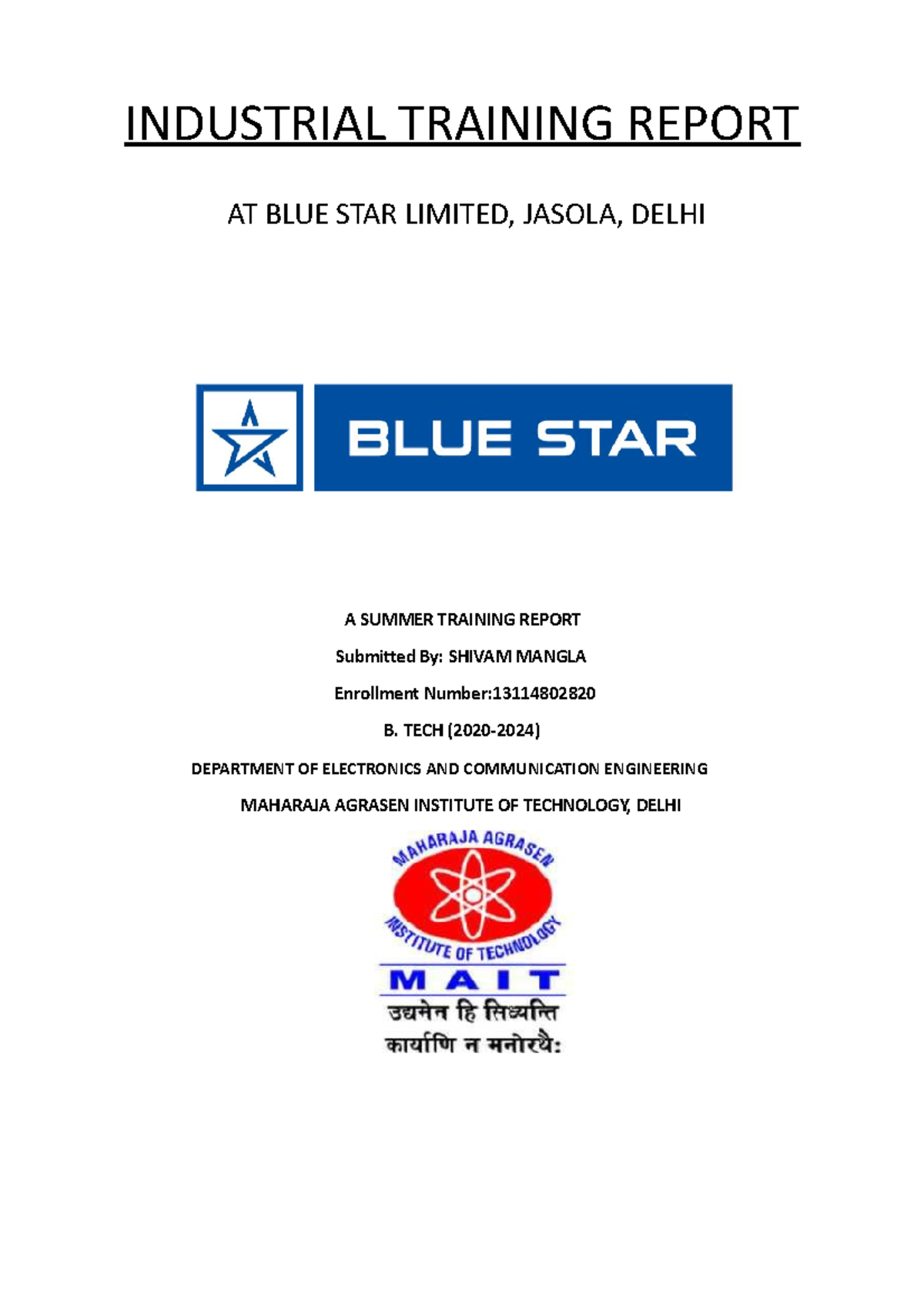 Blue Star Limited Training Report Shivam Mangla - INDUSTRIAL TRAINING ...