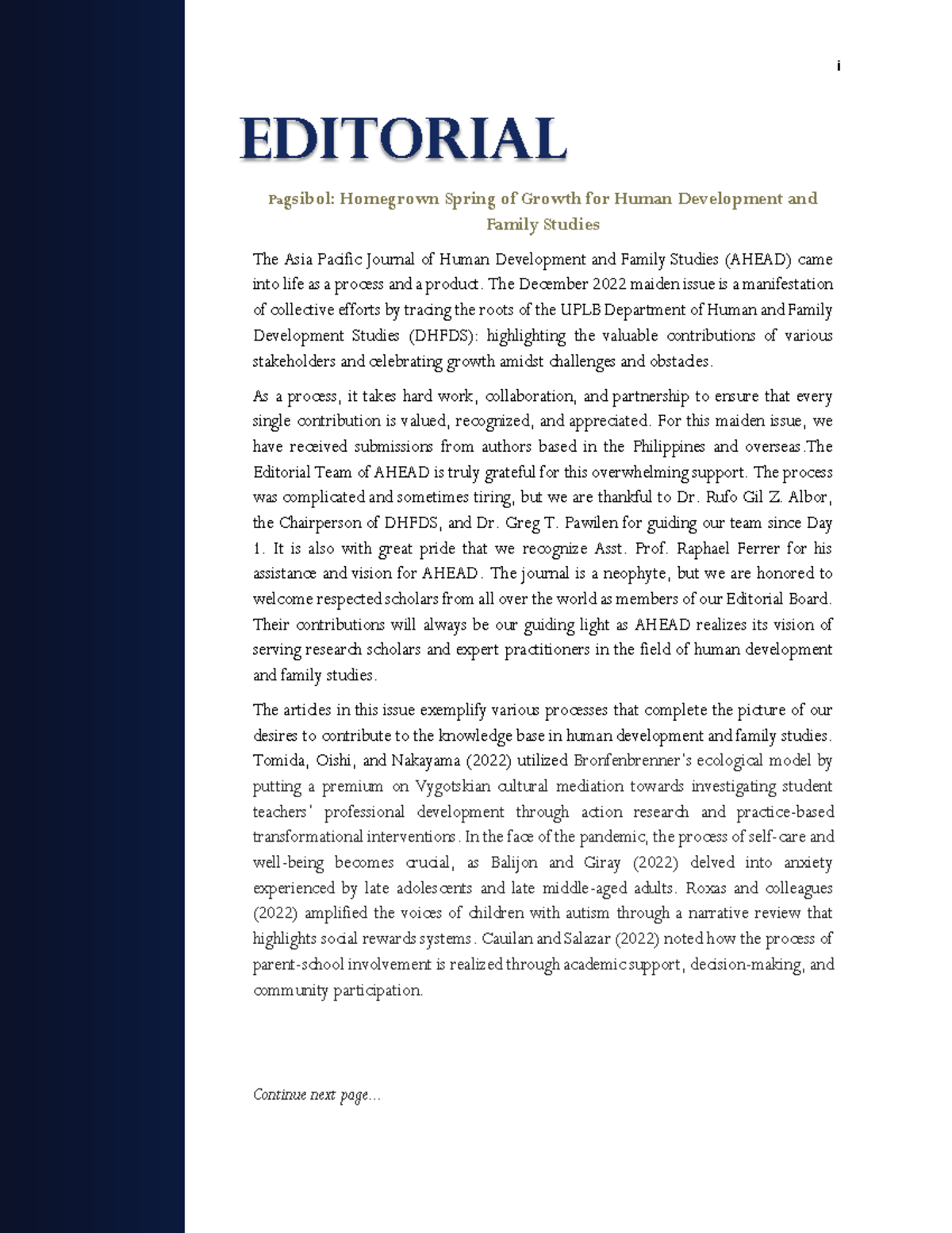 Ahead Journal Vol 1 No 1 Editorial - i editorial Pagsibol: Homegrown ...