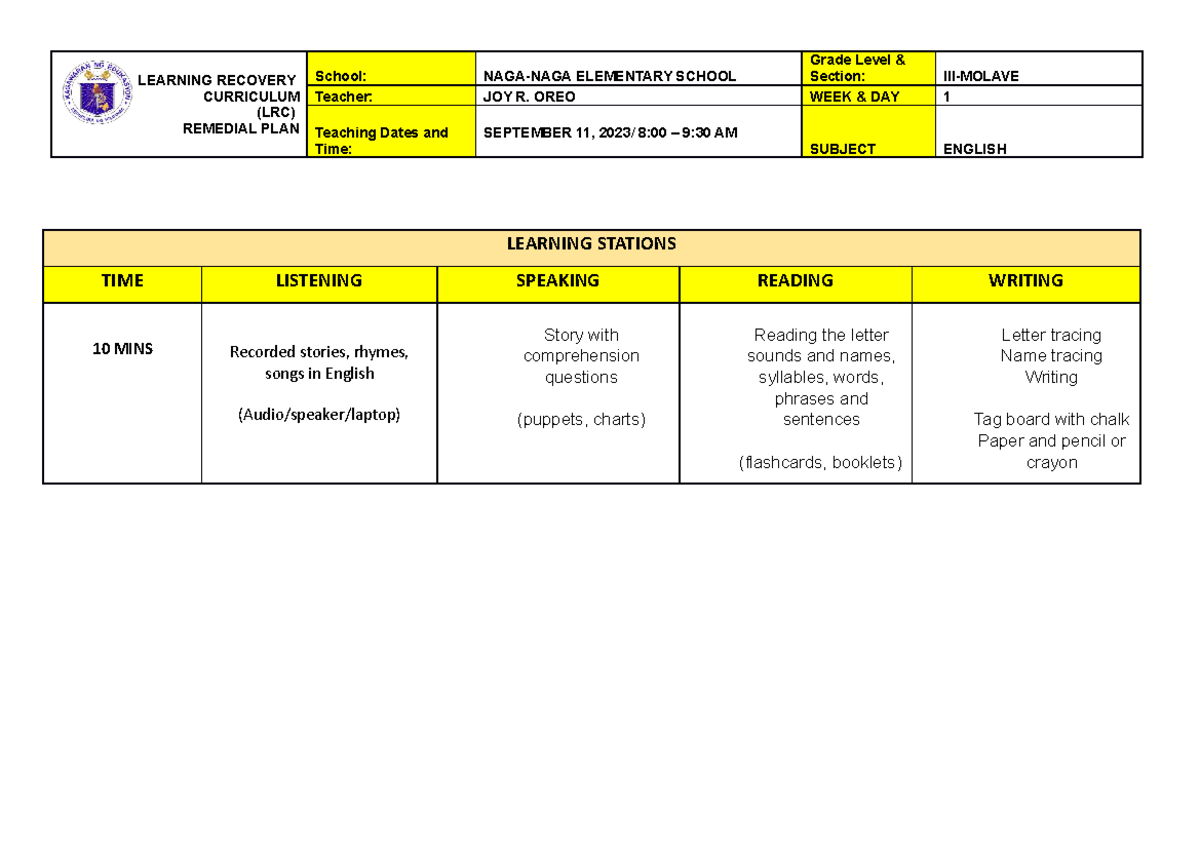 English remedial plan day1week1 - LEARNING RECOVERY CURRICULUM (LRC ...