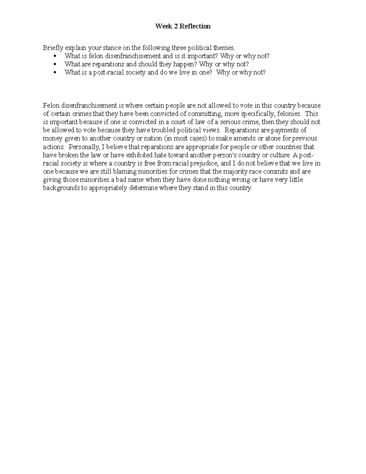 Week 2 Reflection - Week 2 Reflection Briefly explain your stance on ...