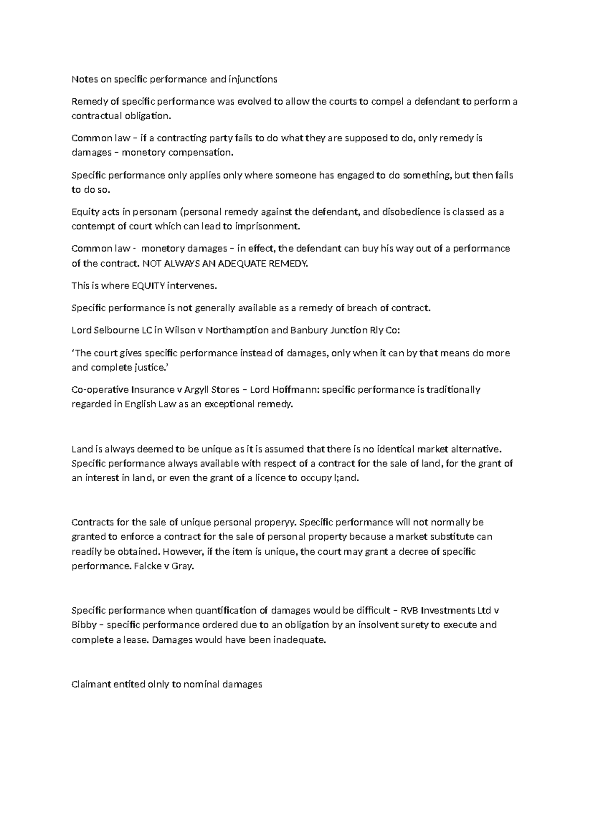 Unit 2 - unit notes - Notes on specific performance and injunctions ...
