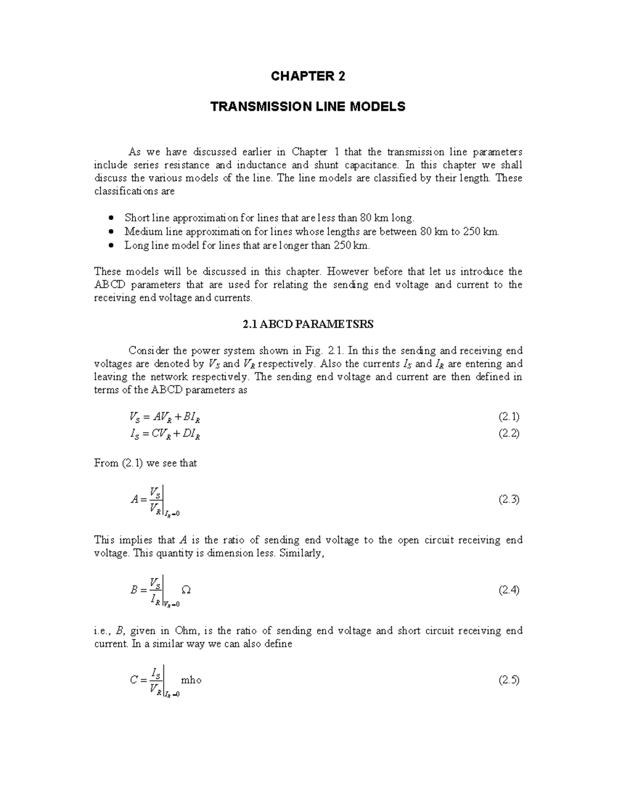 Chapter 2 Transmission LINE Models - CHAPTER 2 TRANSMISSION LINE MODELS ...