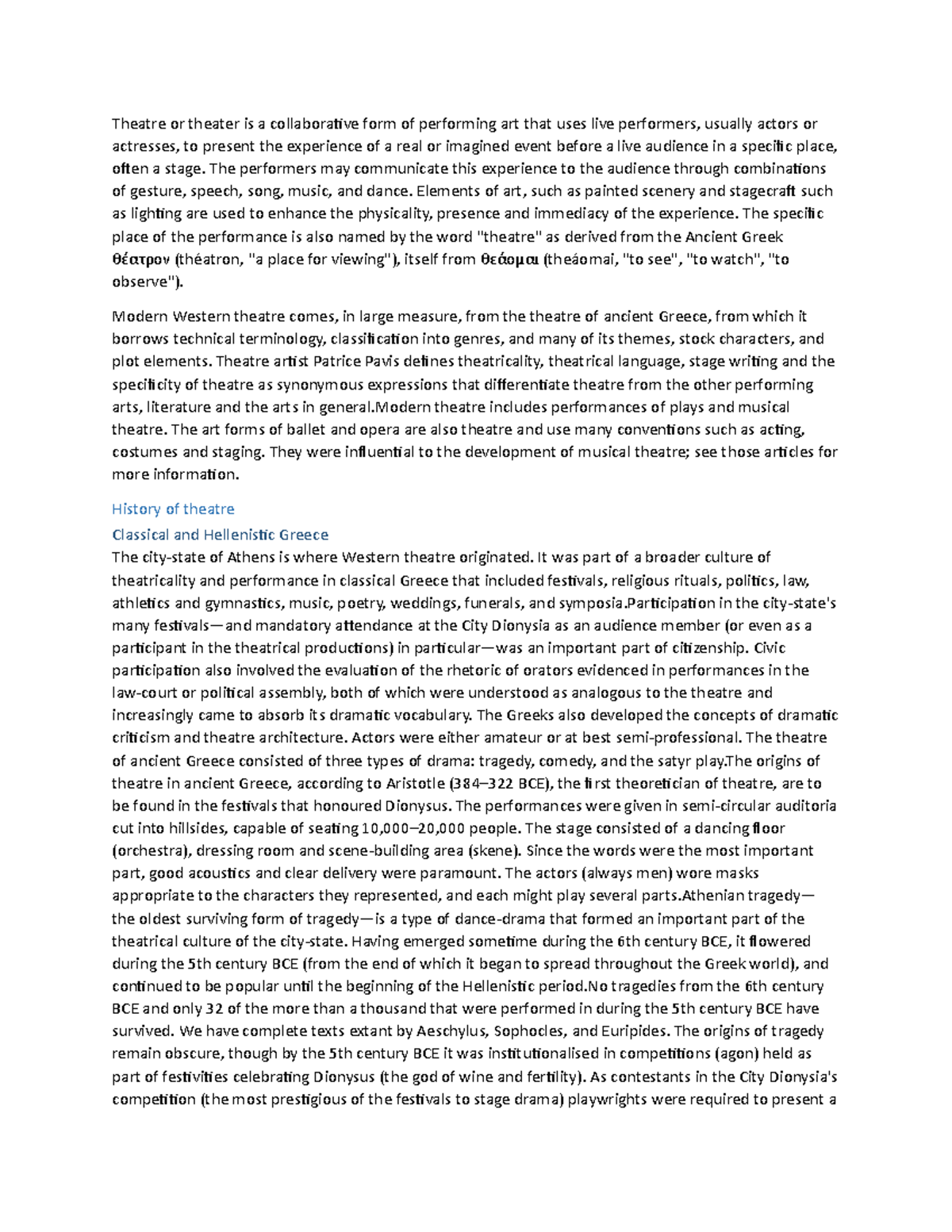 Document (12) - notes - Theatre or theater is a collaborative form of ...