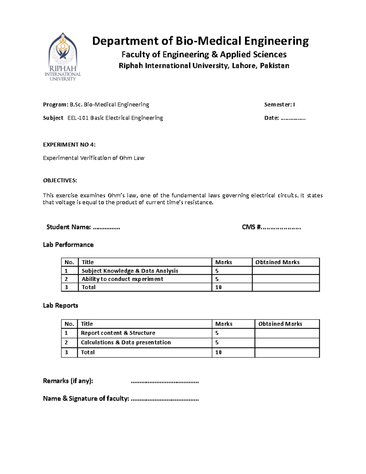 Lab 4 - Basic Electrical Engineering Lab 4 - Department of Bio-Medical Engineering Faculty of ...
