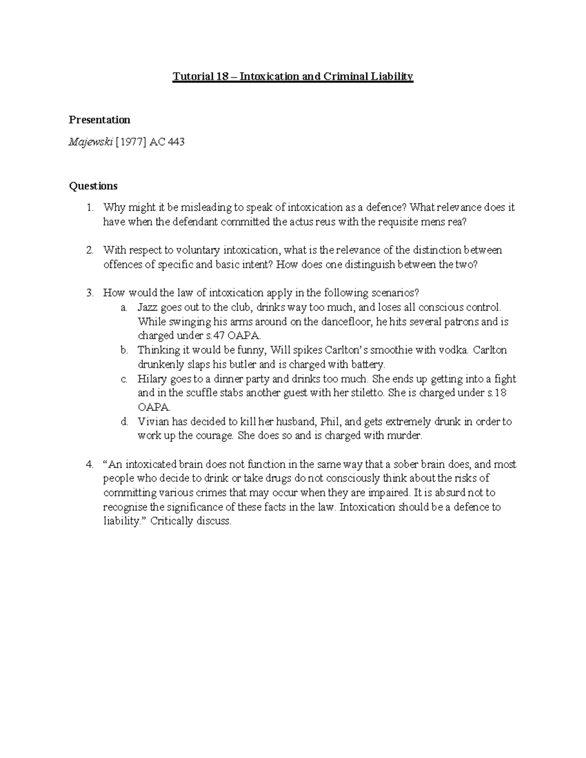 Tutorial 17 - Intoxication - Tutorial 18 – Intoxication and Criminal ...