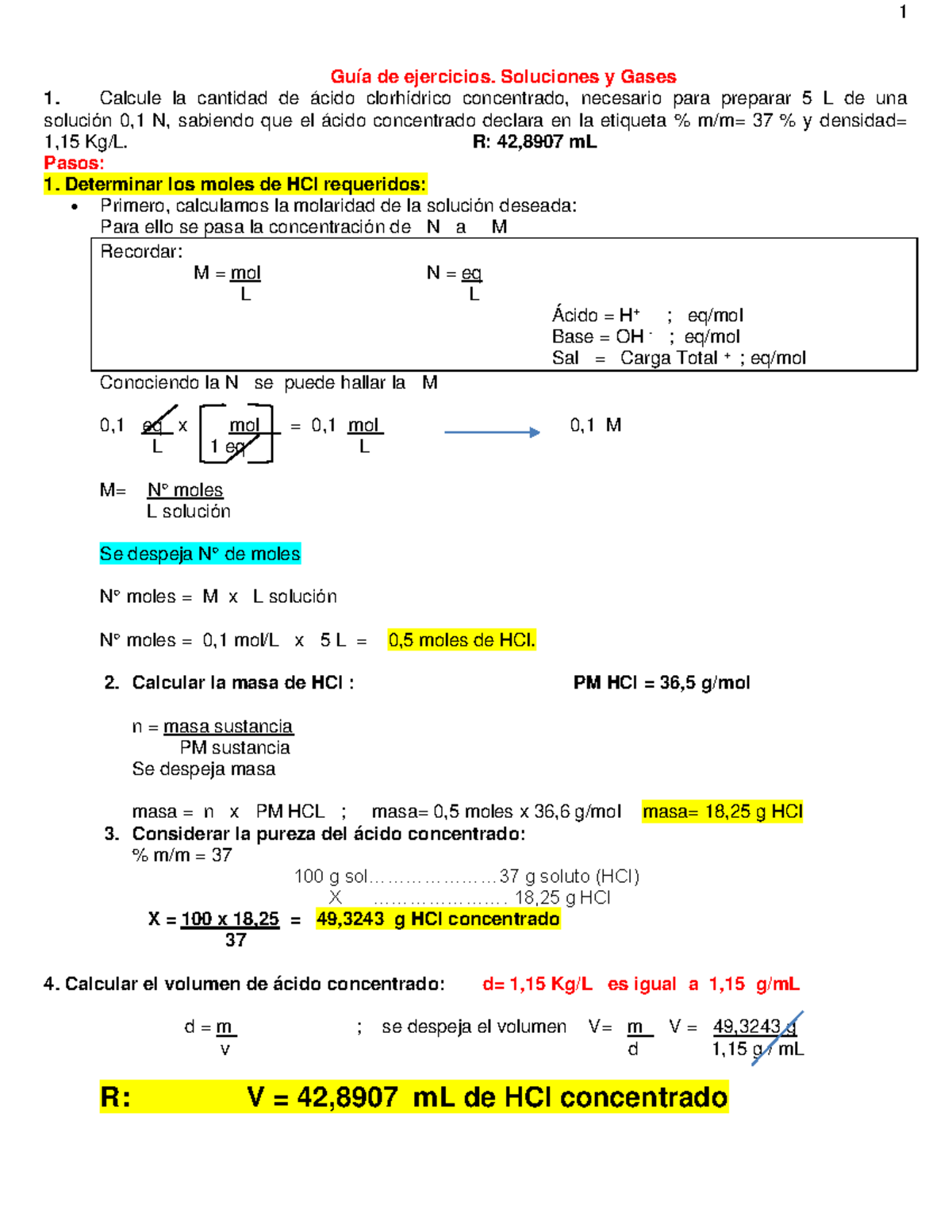 Soluciones Problemario Fisicoquimica - 1 Guía de ejercicios. Soluciones y Gases 1. Calcule la ...