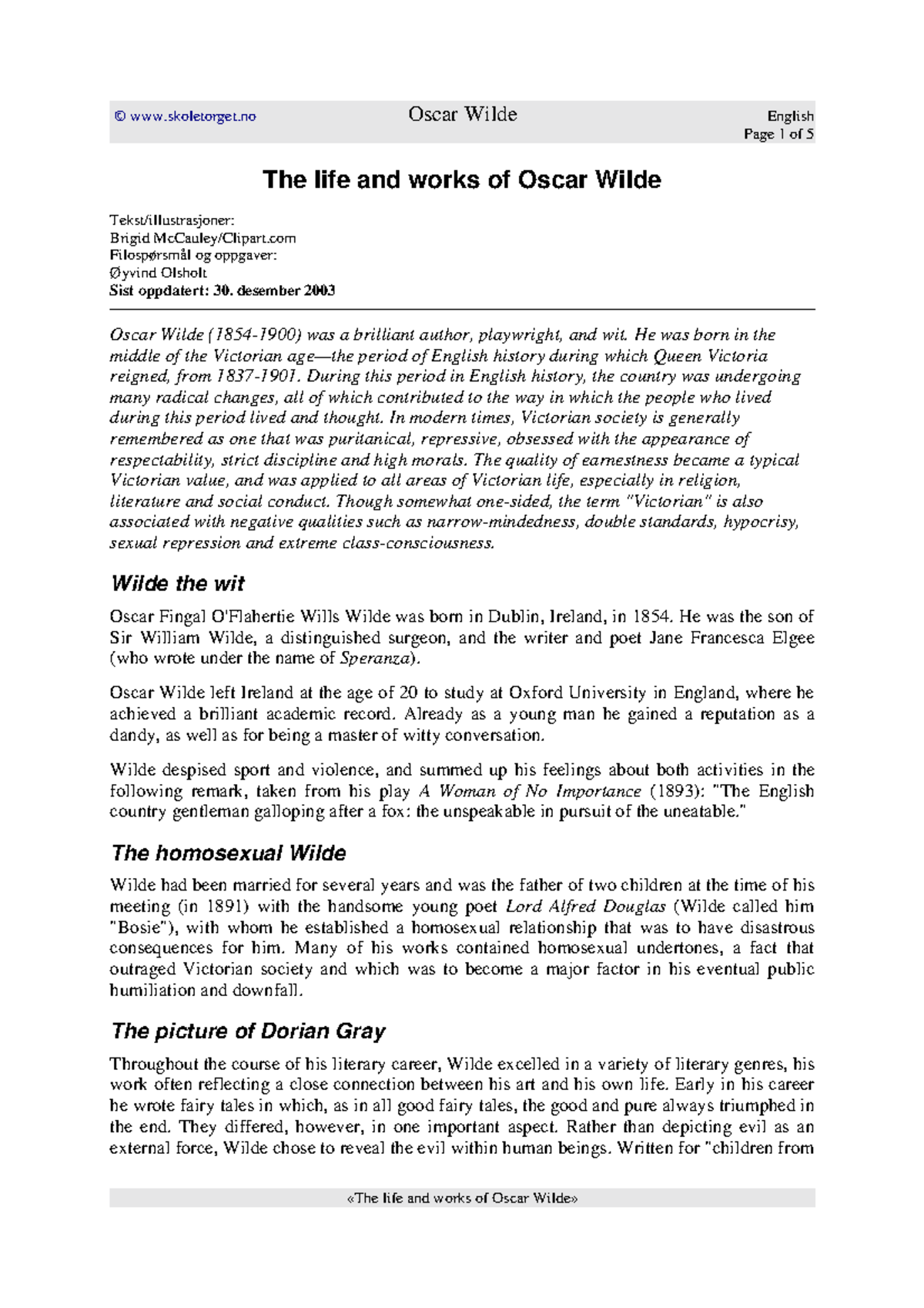Oscar Wilde: biography of a dandy and works - Page 1 of 5 The life and ...