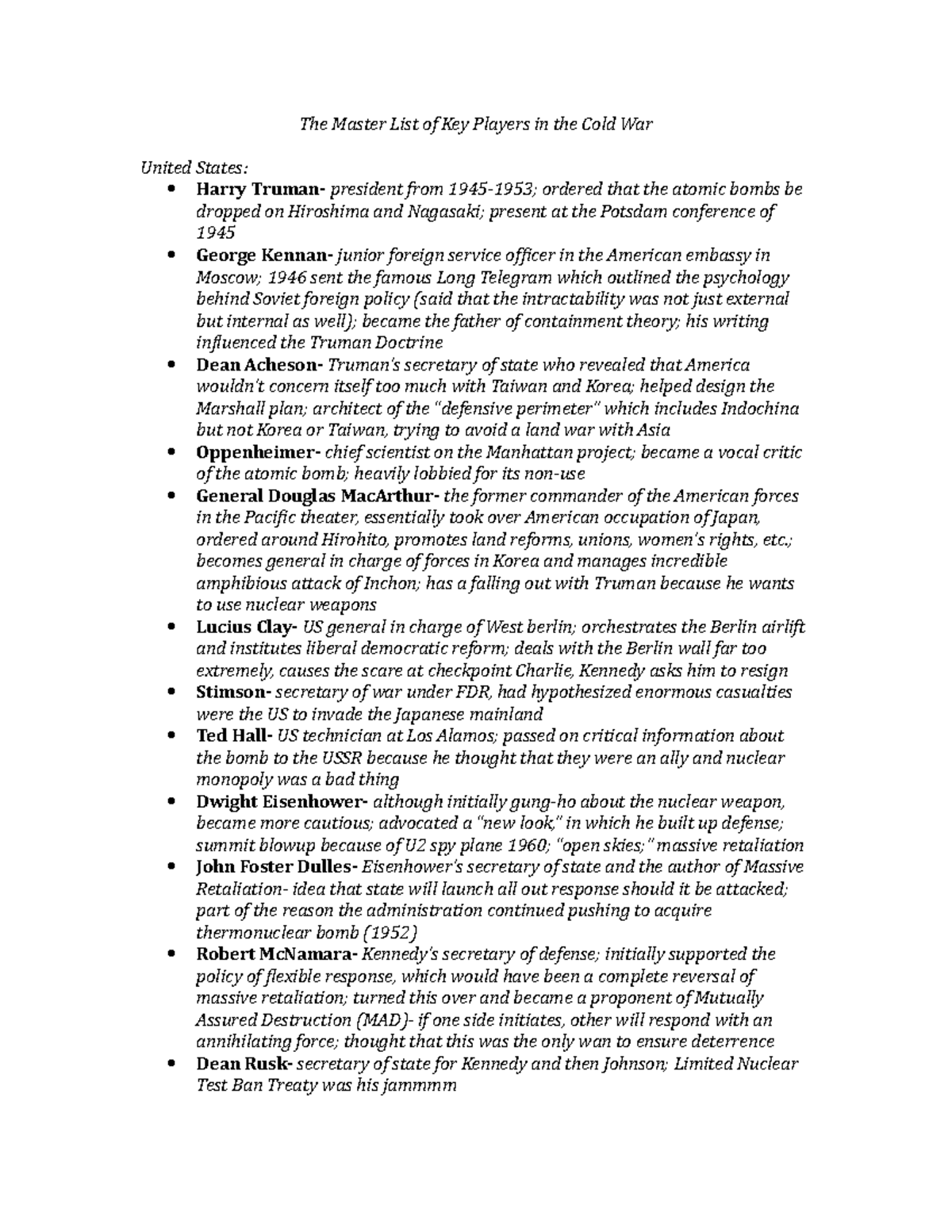 Lecture Notes The Master List Of Key Players In The Cold War The