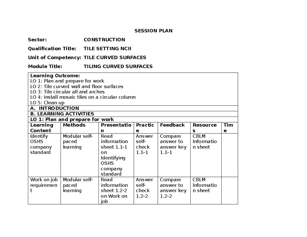 Tile curved surface COC3 - SESSION PLAN Sector: CONSTRUCTION ...
