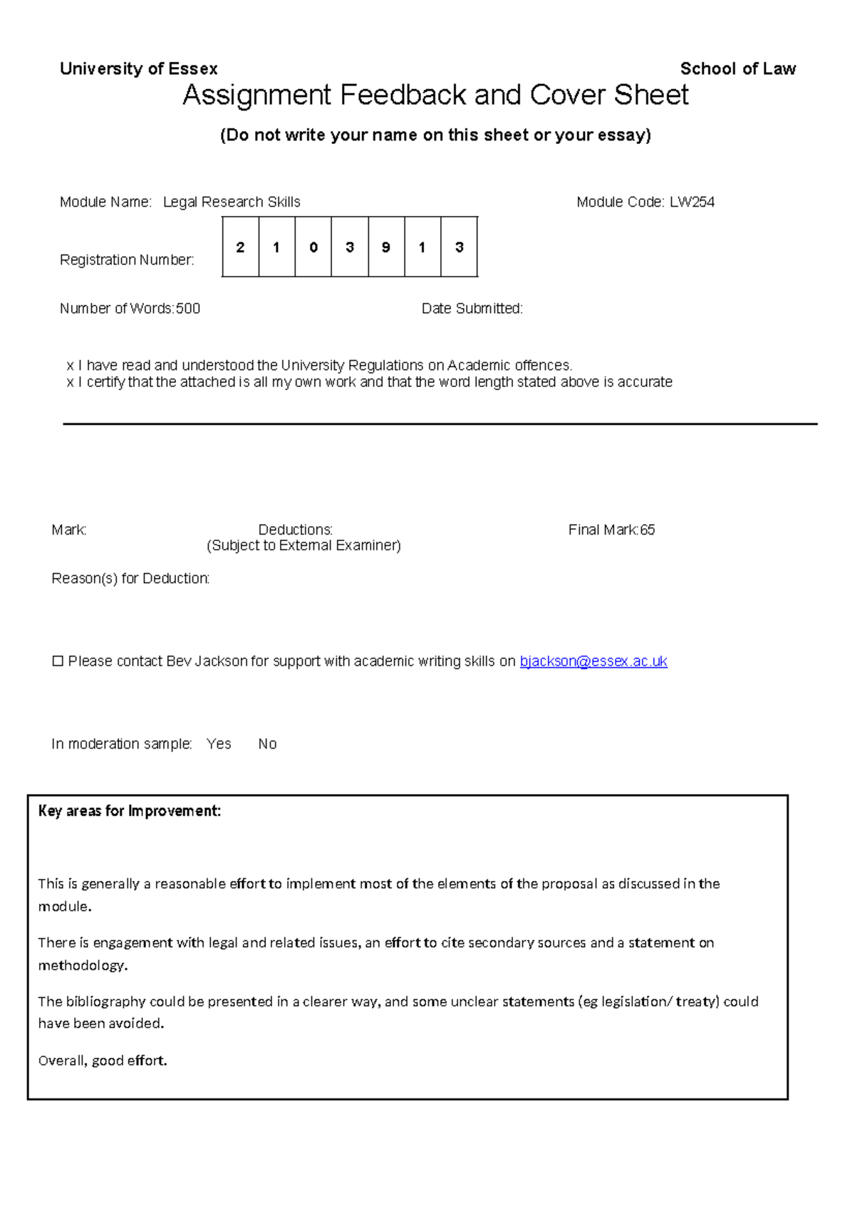 Feedback - law work - University of Essex School of Law Assignment ...