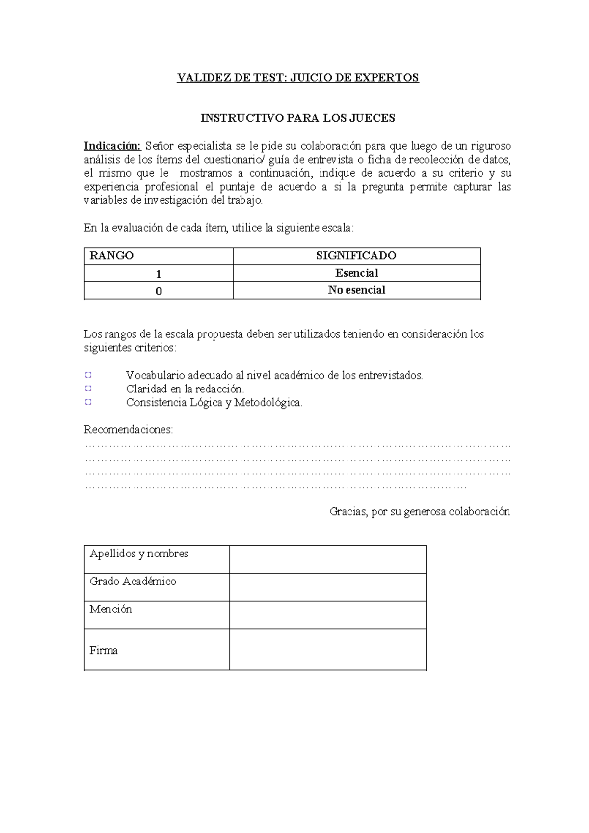 Formato Ejemplo DE Validacion - VALIDEZ DE TEST: JUICIO DE EXPERTOS ...