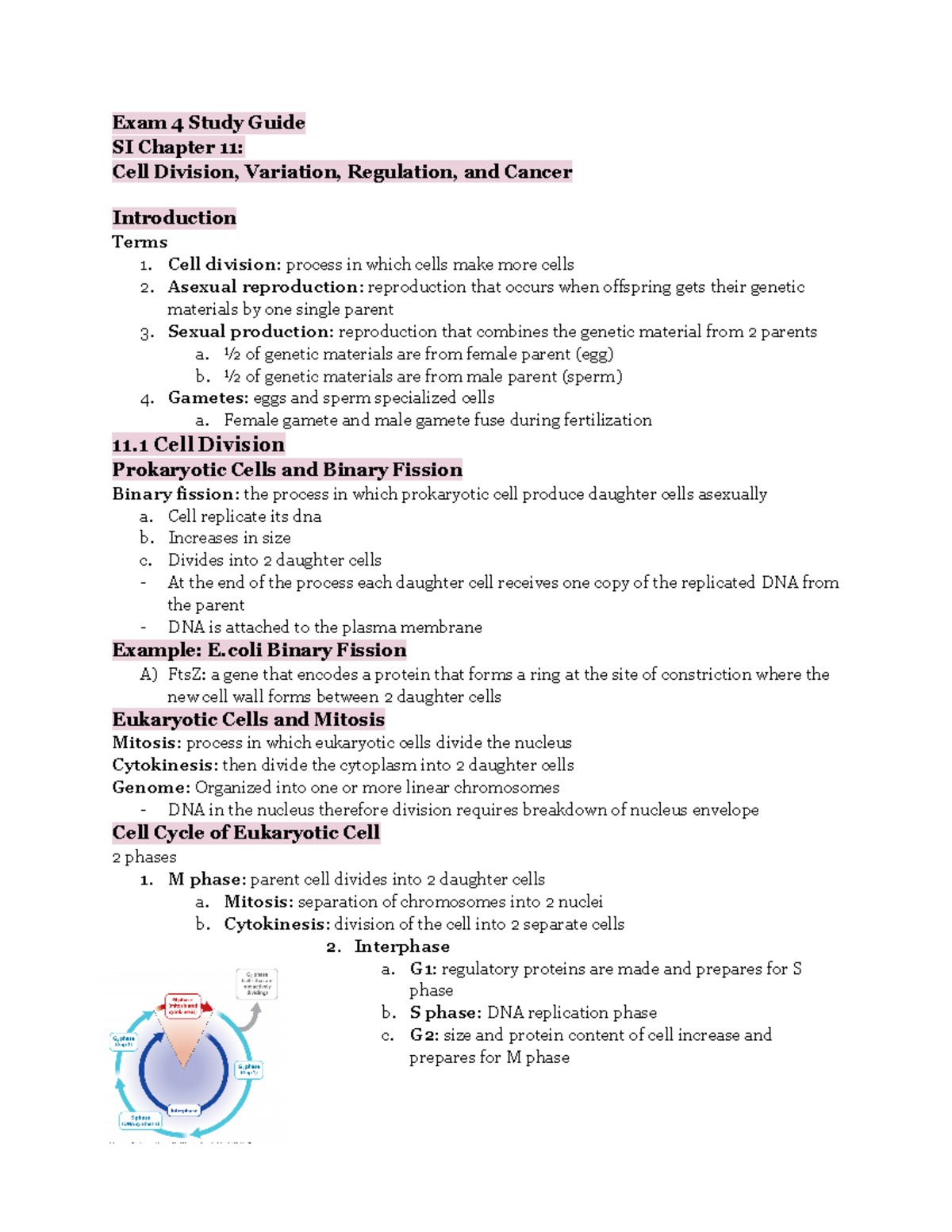 BIOL 1107 Exam 4 Study Guide - Exam 4 Study Guide SI Chapter 11: Cell ...