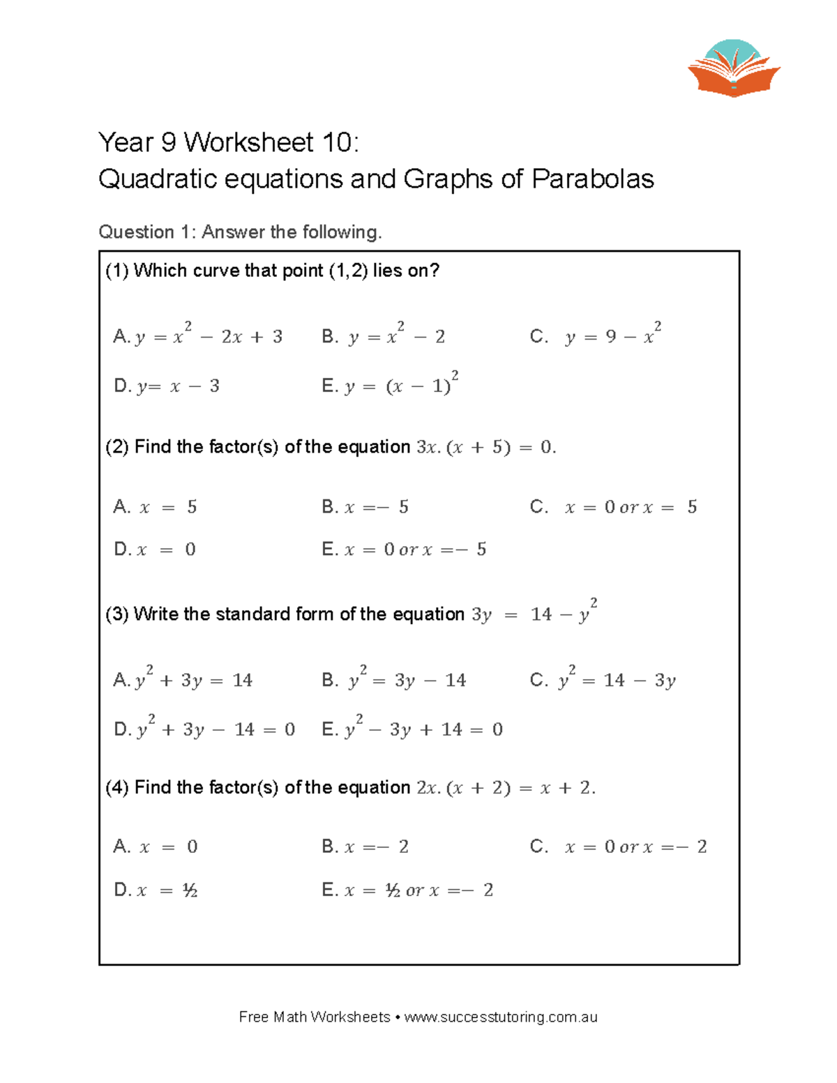 Year-9-Worksheet-10 -Quadratic-equations-and-Graphs-of-Parabolas - Year ...