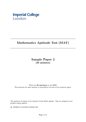 IC Aero:EEE MAT Sample 1 - Mathematics Aptitude Test (MAT) Sample Paper ...