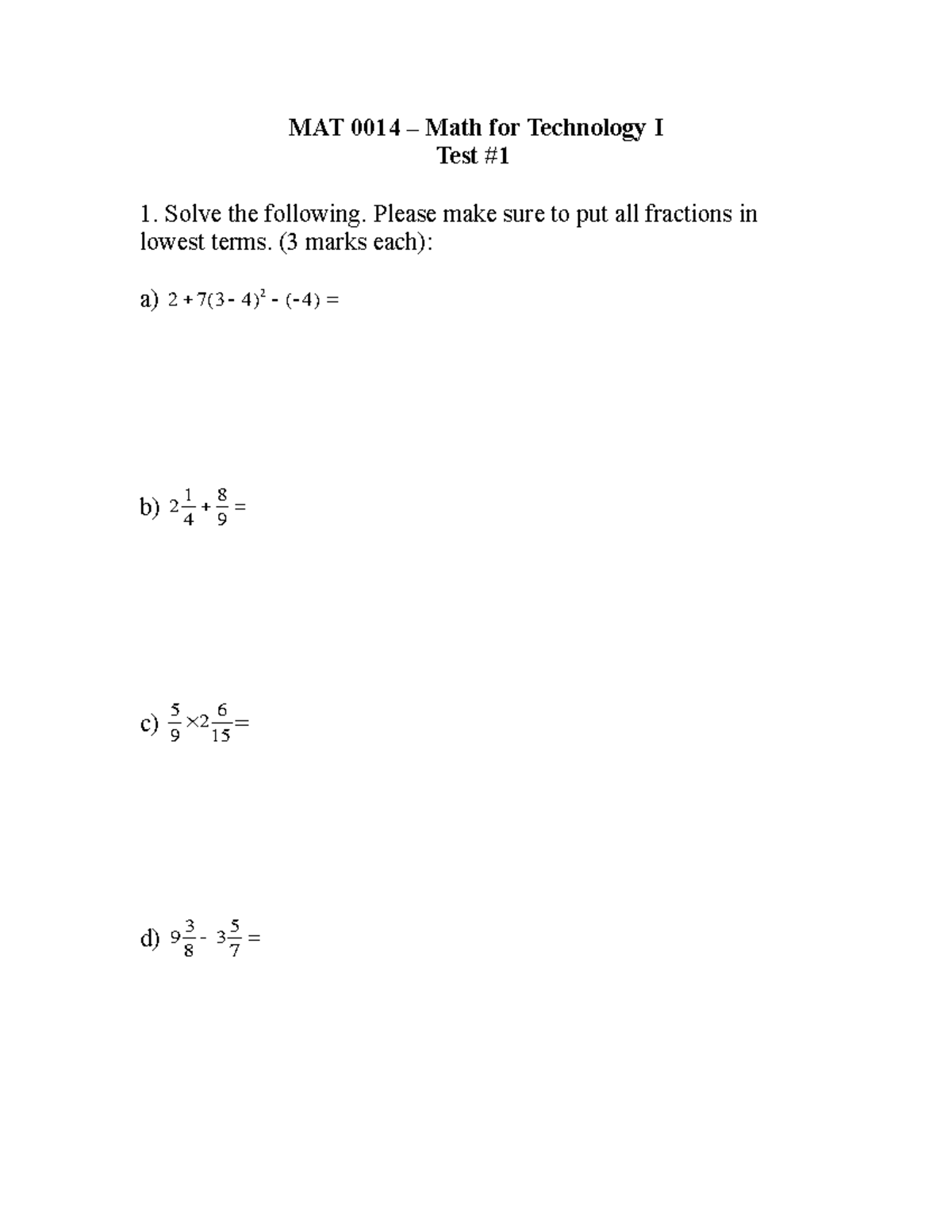 MAT 0014 Test 1 - Assignment 2 solutions - MAT 0014 – Math for ...