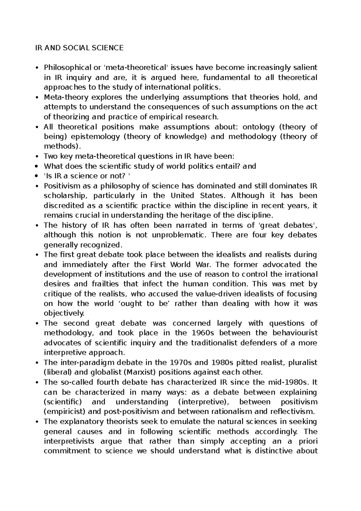 IR summary - midterm - IR AND SOCIAL SCIENCE Philosophical or 'meta ...
