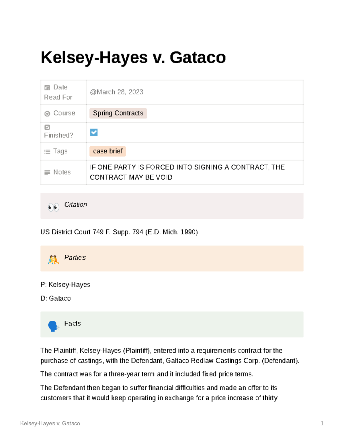 Kelsey-Hayes v. Gataco - Kelsey-Hayes v. Gataco Date Read For Course Spring Contracts Finished ...