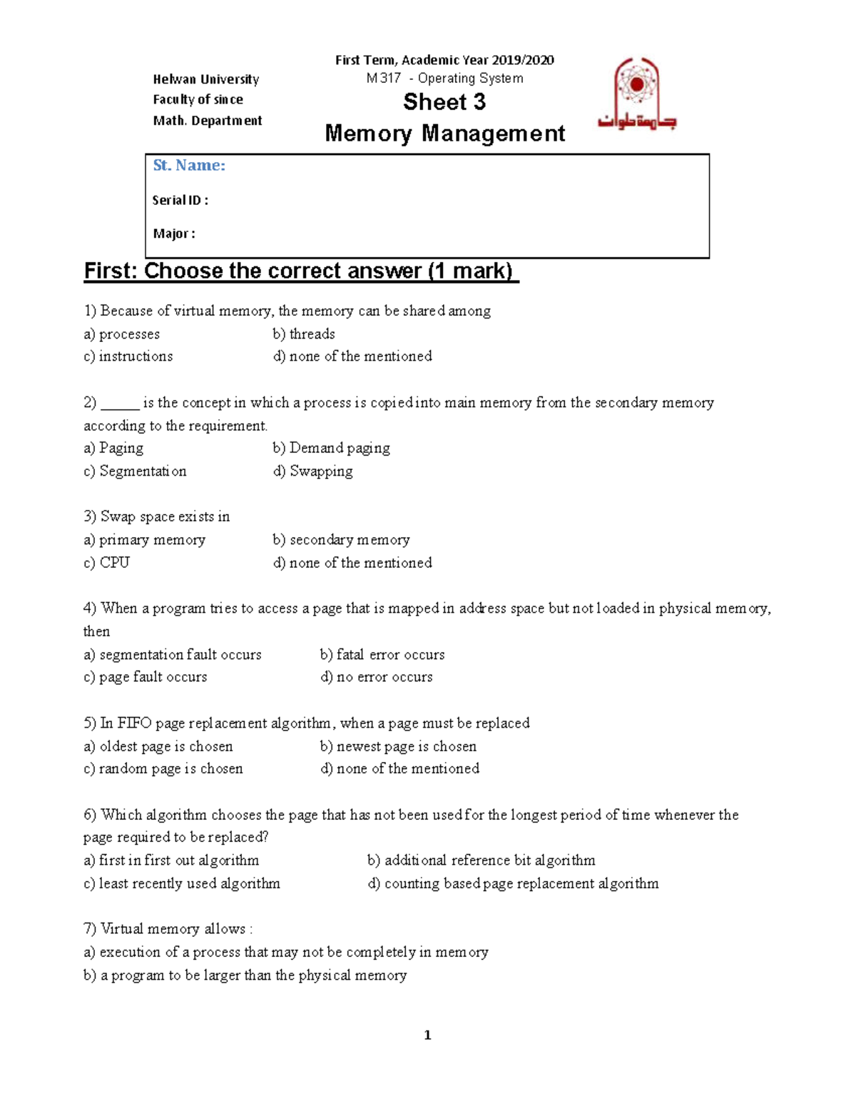 OS Sheet ( 4 ) - O.S - First Term, Academic Year 2019/ 2020 M 317 ...