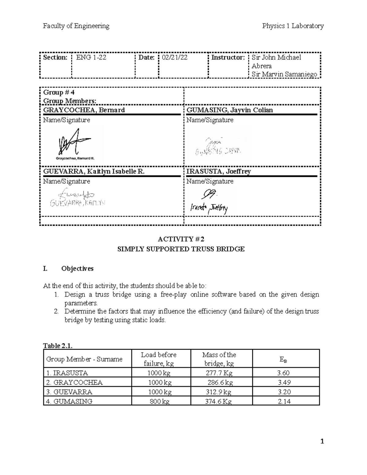 SIMPLY SUPPORTED TRUSS BRIDGE - Section: ENG 1-22 Date: 02/21/22 ...