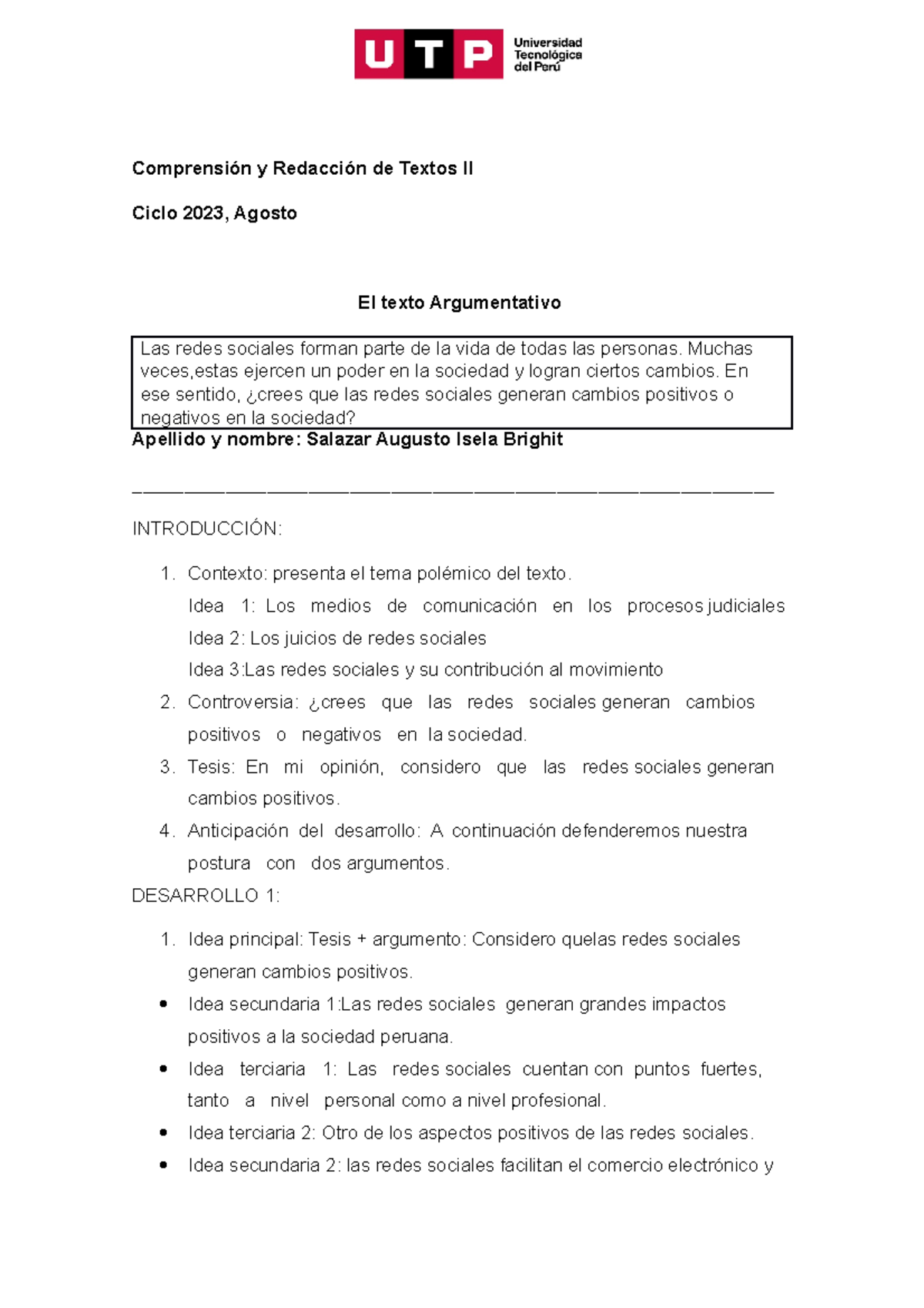Isela Salazar - Tarea - Comprensión y Redacción de Textos ll Ciclo 2023 ...