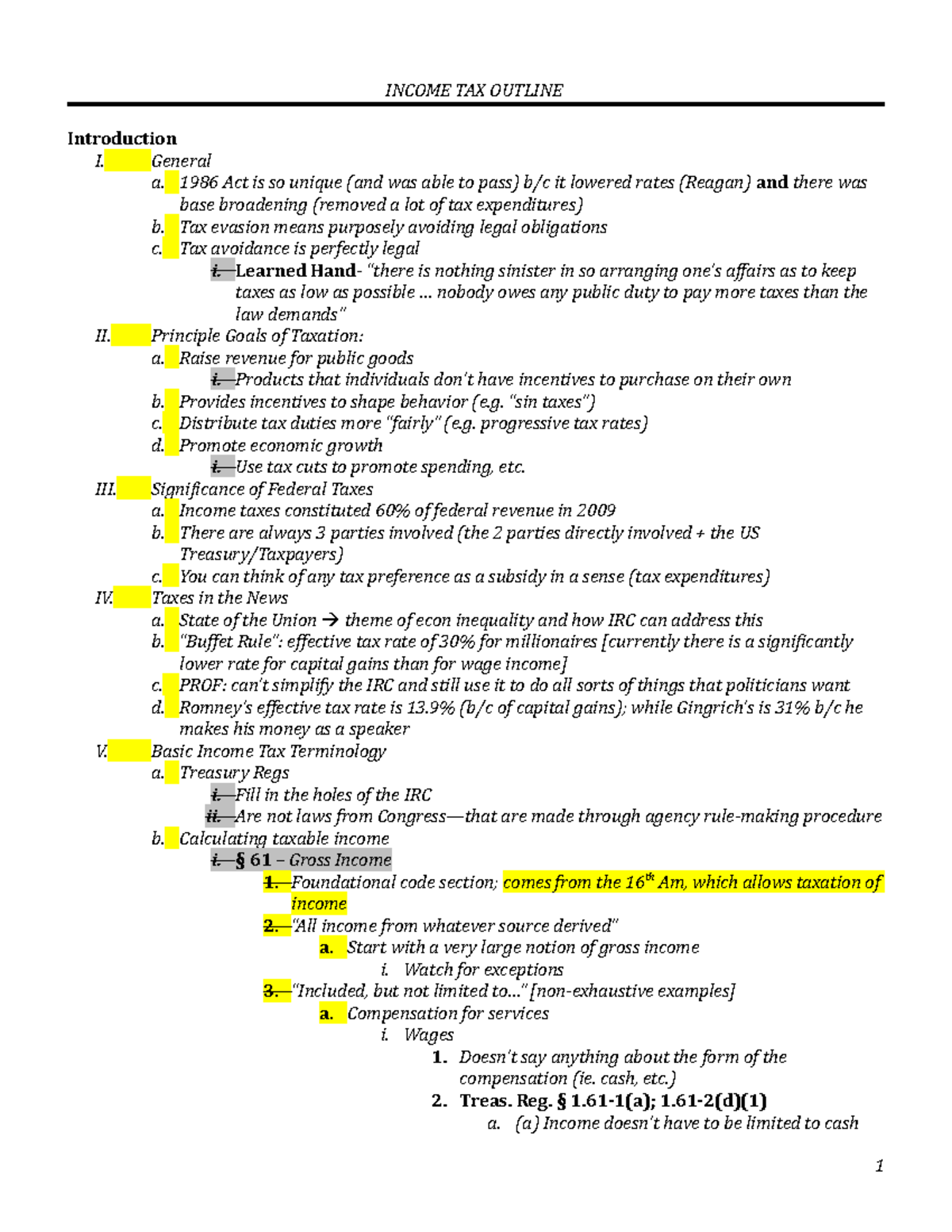 101 11 Income Tax Outline - INCOME TAX OUTLINE Introduction I. General ...