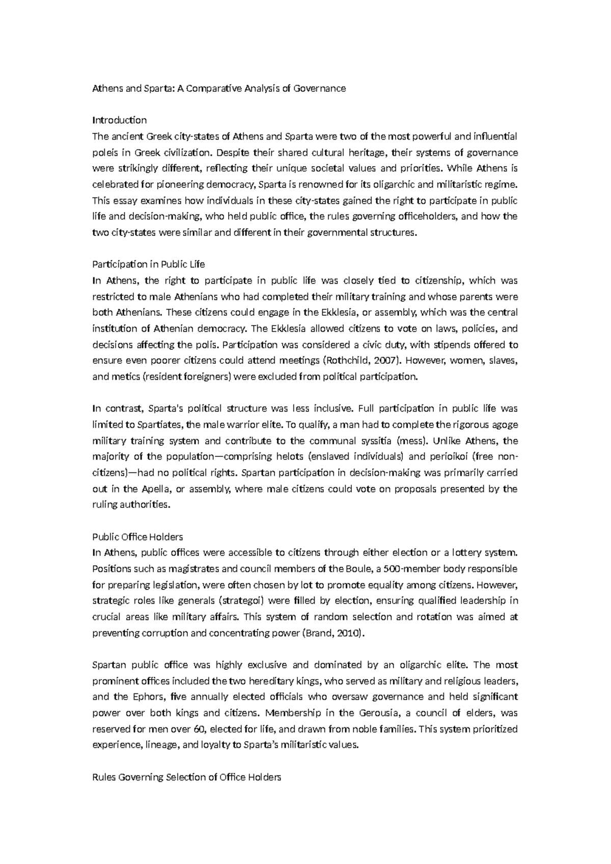 Athens and Sparta A Comparative Analysis of Governance - Athens and ...