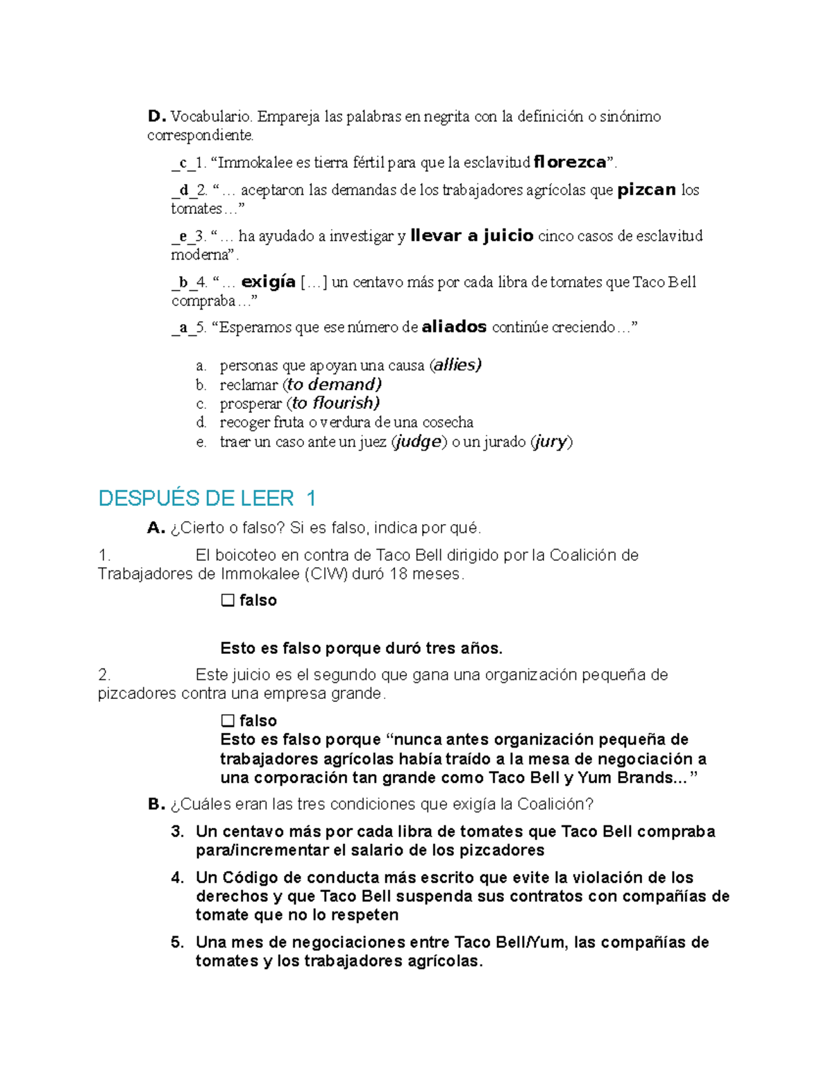 Capítulo 4 (2) - Millie Chavez - D. Vocabulario. Empareja las palabras ...