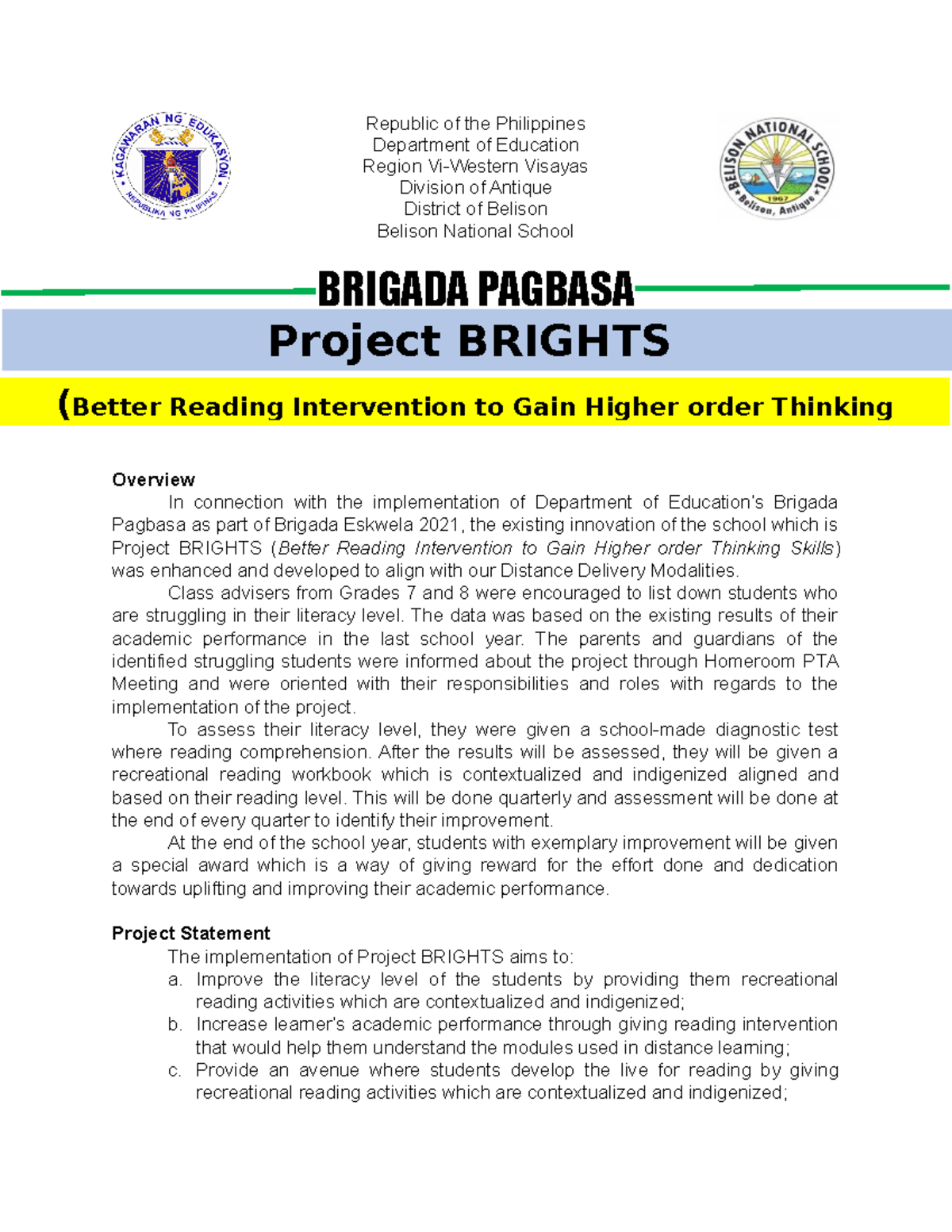 Project brights - Intervention for Reading - Department of Education ...